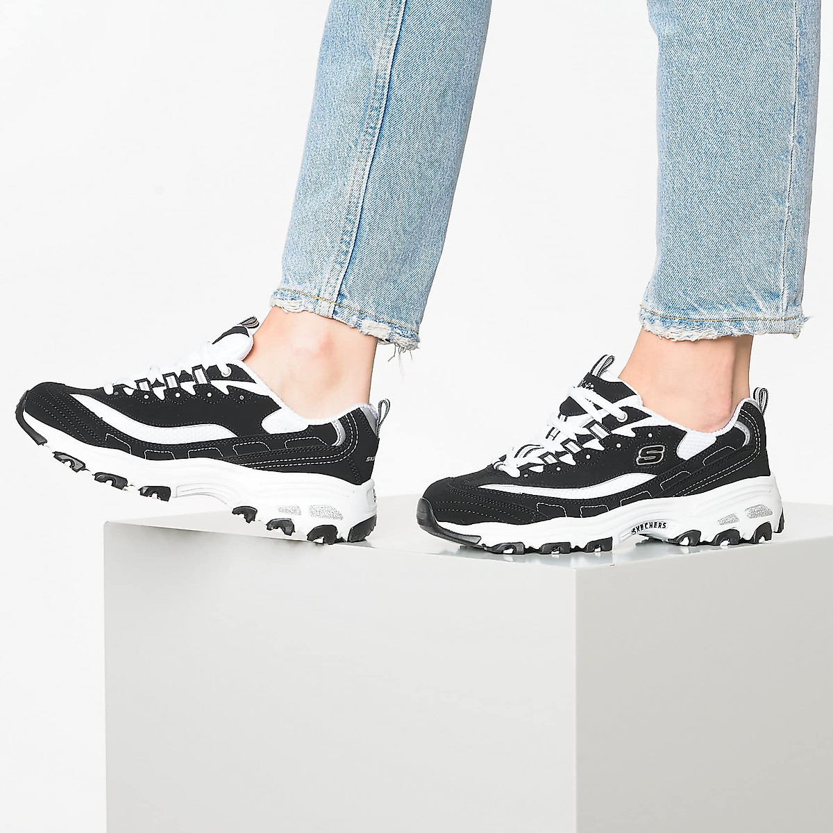 Skechers Sport Women's D'Lites Memory Foam Lace-up Sneaker,Biggest Fan Black/White,6 M US