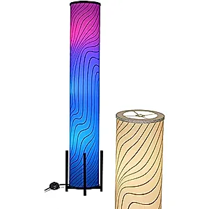 LEONC Design Wello Column 61inch Floor Lamp, Standing Lamp Included 3 Color Changing RGB LED Bulb with Remote, White Linen Shade and Asian Bamboo Base for Living Room Bedroom (61inch-Black Stripe)