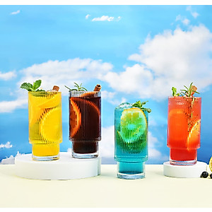 ALINK Ribbed Glassware Drinking Glasses with Straws Set of 8, Vintage Fluted Glassware Iced Coffee Cups, Ridged Glass Tumbler for Coocktail, Whiskey, Beer, Water- 2 Brush