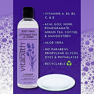 Vitabath Lavender & Chamomile Body Wash Moisturizing Bath & Shower Cleanser & Skincare Radiant Detox & Restore Nourishing Body Polish - Cruelty-Free, Paraben-Free - 12 oz
