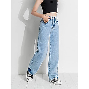 Romwe Girl's Vintage High Waisted Straight Leg Jeans Regular Fit Denim Pants Blue Light Wash 160