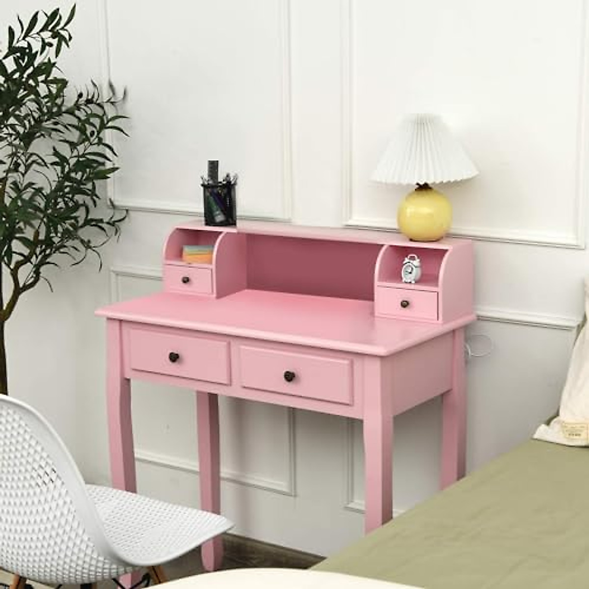 Giantex Writing Desk with 4 Drawers, Removable Floating Organizer 2-Tier Mission Home Computer Vanity Desk for Apartment Small Space (Pink)