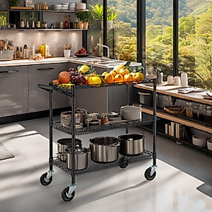 Finnhomy 3 Tier Heavy Duty Commercial Grade Utility Cart, Wire Rolling Cart with Handle Bar, Steel Service Cart with Wheels, Kitchen Cart on Wheels, Food Storage Trolley, NSF Listed, Black