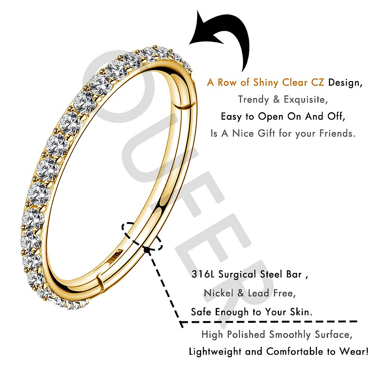 OUFER Gold Hinged Segment Earring Hoop 16G Stainless Steel with Cartilage Earrings Clear CZ Paved Tragus Helix Earrings Cartilage Earring Septum Nose Ring Hoop