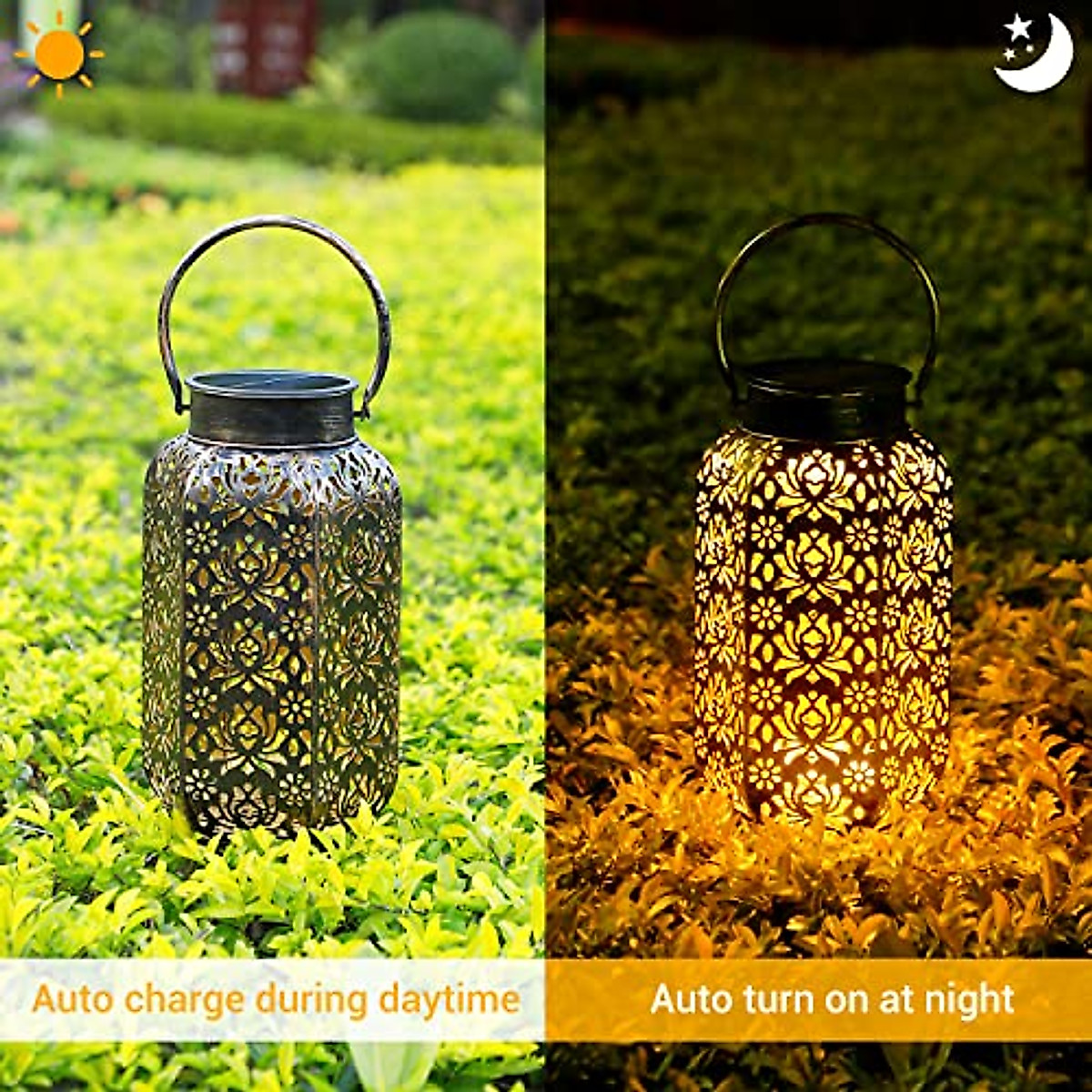 Solar Lanterns Outdoor Garden Decor - 2 Pack LED Garden Lantern Hanging Solar Powered with Handle Waterproof Decorative Retro Metal Solar Lights for Table Patio Yard Pathway Walkway Christmas - Large