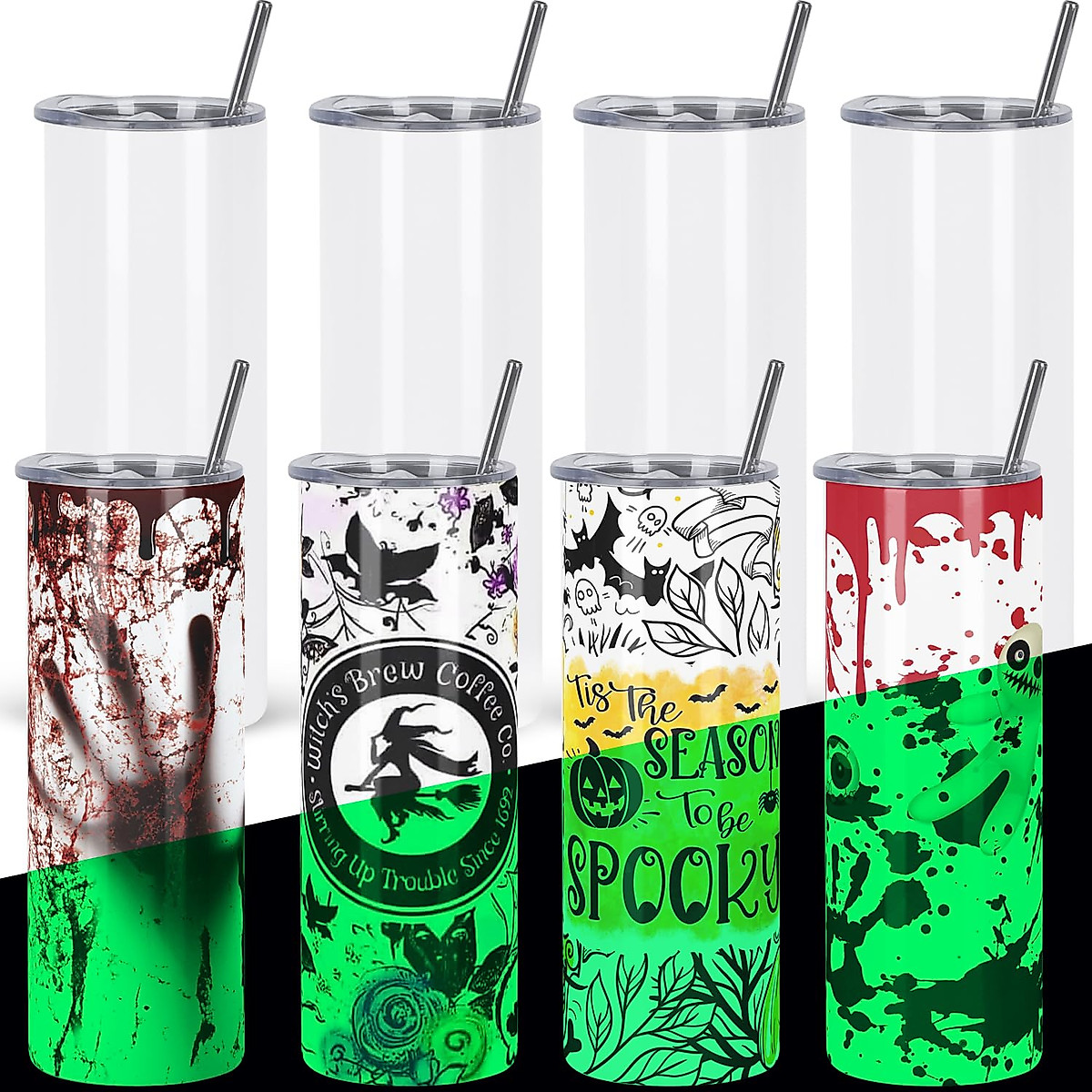 Tswofia 8 Pack Glow in the Dark Sublimation Tumblers 20 Oz Skinny Straight, Sublimation Blanks Tumbler Bulk Glow in the Dark, with Shrink Wrap Film Lid Straw Set, Individually Boxed