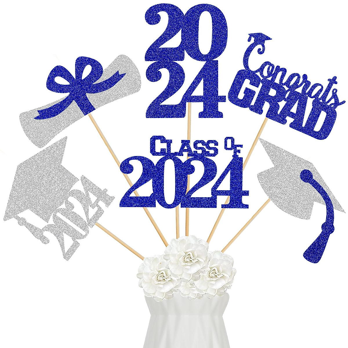 Blue and Silver 2024 Graduation Centerpiece Sticks Graduation Party Centerpieces for Tables 2024, Graduation Table Toppers 2024 Blue Class of 2024 Graduation Table Centerpieces Decorations - 24Pcs