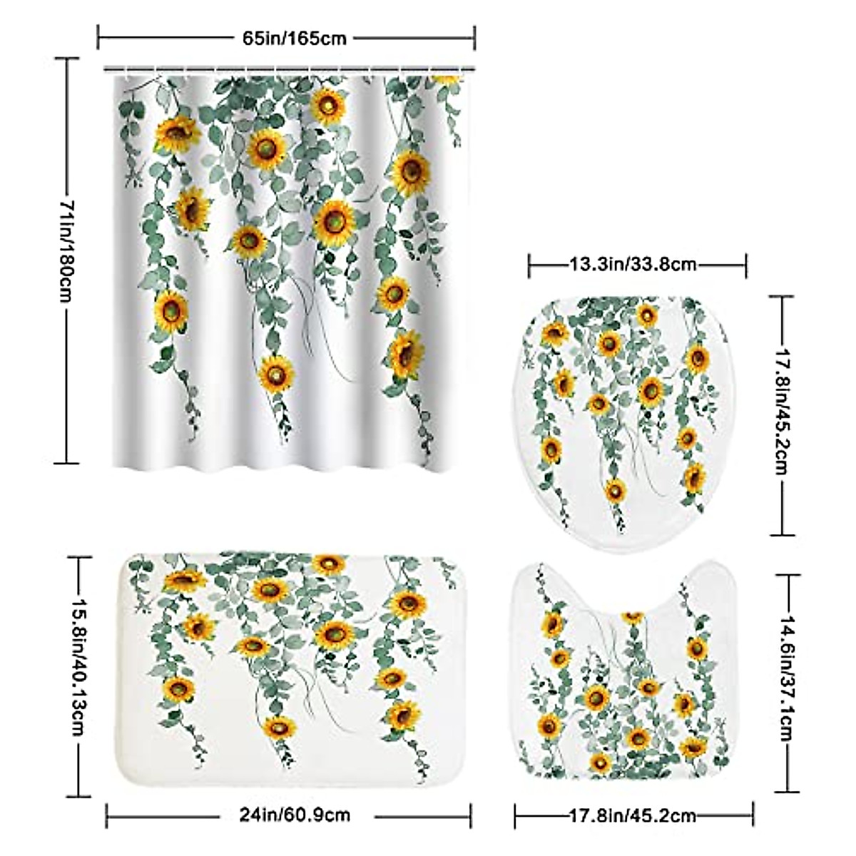 Mightree Shower Curtain Set of 4, Waterproof Fabric Bathroom Curtain with 12 Hooks, Toilet Lid Cover and Bath Mat, Non-Slip Rug Foot Mat, Sunflowers, Medium