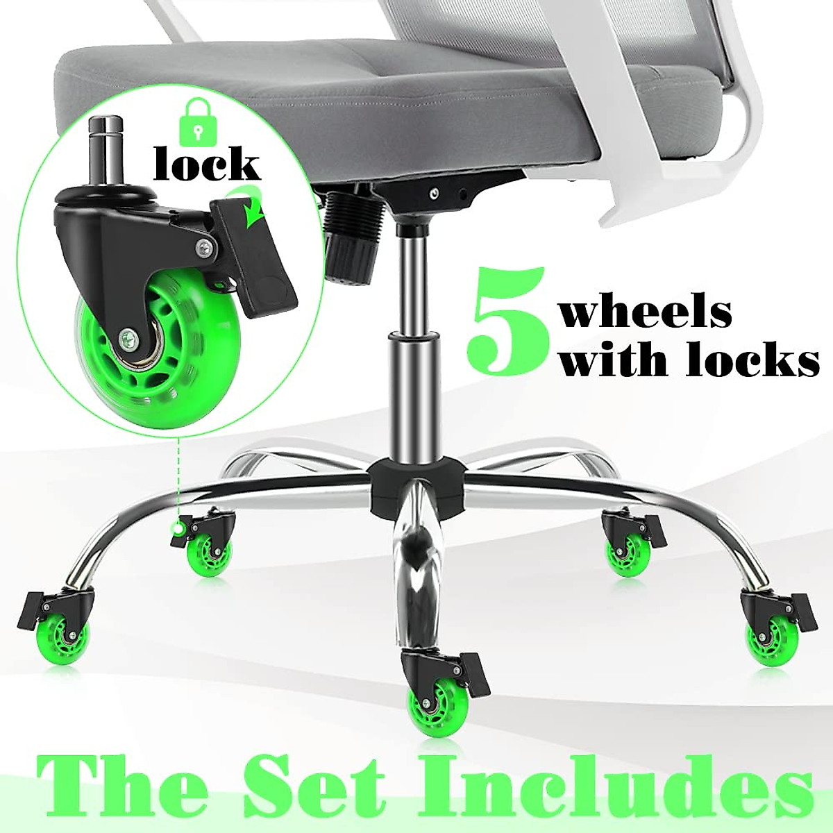 Office Chair Wheels With Brake Replacement Rubber Desk Chair Casters-Protection for Hardwood Floors and Carpet-Set of 5-Heavy Duty Office to Replace Office Chair Mats-Universal Fit-Green(C-50)