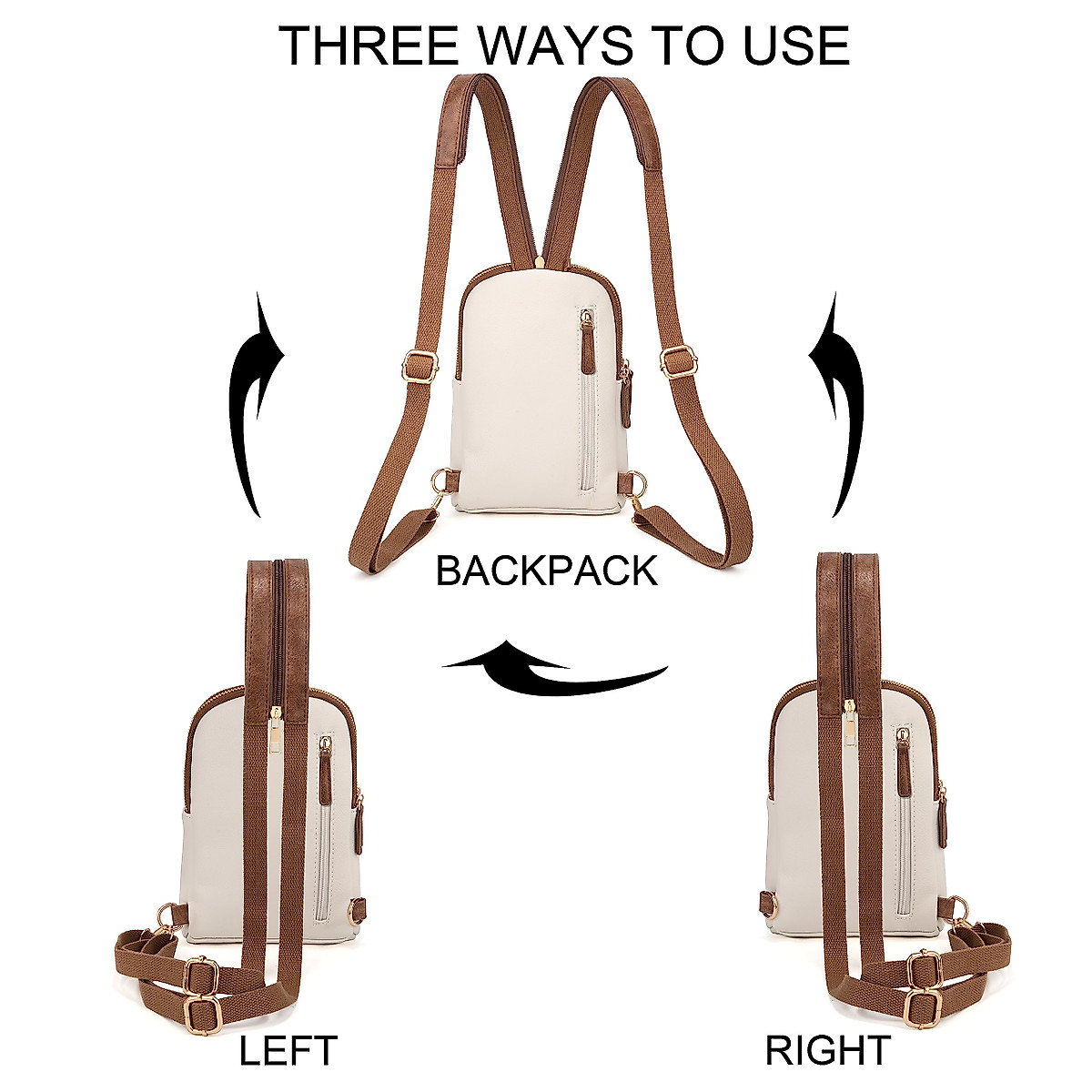 UTO Sling Bag for Women Crossbody Trendy Chest Belt Bag Convertible Backpack Purse with Wide Shoulder Zip Straps