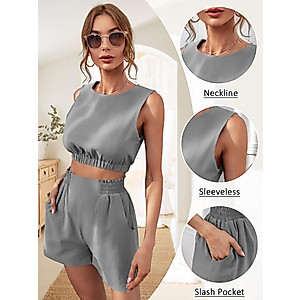 TAKEYAL Women's 2 Piece Outfits Round Neck Sleeveless Crop Tank Top and High Waist Pocketed Shorts Loose Summer 2pcs Short Sets (Grey, XL)