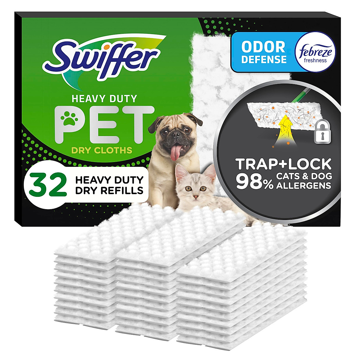Swiffer Sweeper Pet, Heavy Duty Dry Sweeping Cloth Refills with Febreze Odor Defense, 32 Count