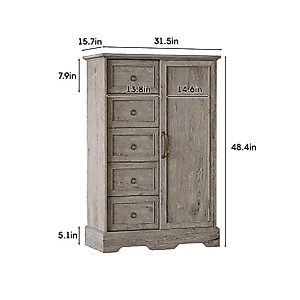 Vabches Farmhouse Dresser Storage Cabinet Chest of Drawer for Bedroom, 5 Drawer Dresser with Sliding Barn Door, 48" Tall Wood Rustic Dresser for Bedroom, Living Room, Entryway, Hallway, Washed Grey