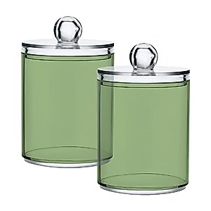 xigua Light Green 2 Pack Qtip Holder Dispenser with Lid,Apothecary Jars Plastic Cotton Swabs Cans Clear Bathroom Storage Canister for Cotton Ball, Cotton Swab, Cotton Round Pads, Floss26