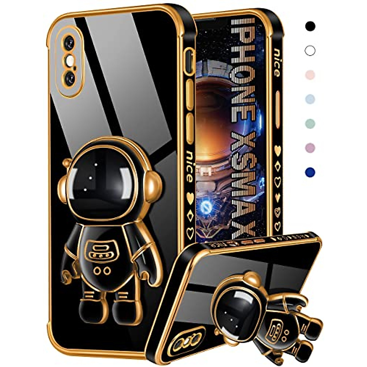 Coralogo for iPhone Xs Max Case Astronaut Cute for Women Girls Girly Unique Black Phone Cases with Astronaut Hidden Stand Kickstand 6D Design Cover for iPhone XsMax 6.5 inch