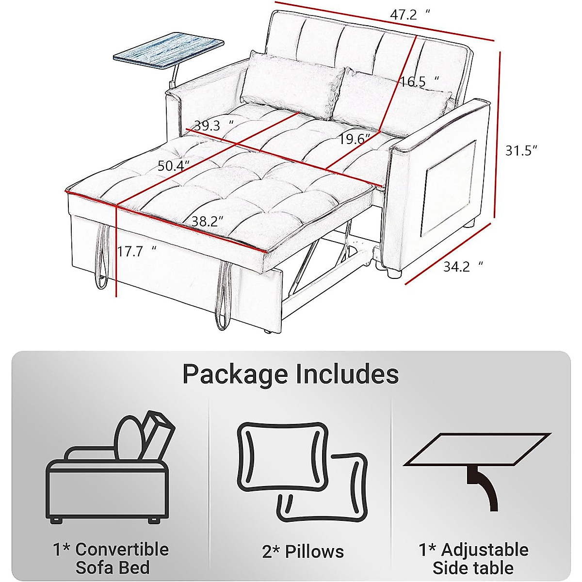 Rovibek 3 in 1 Convertible Sleeper Sofa Bed Pull Out Loveseat for Living Room Apartment Office with Side Table & Adjustable Backrest & Pillows, Black