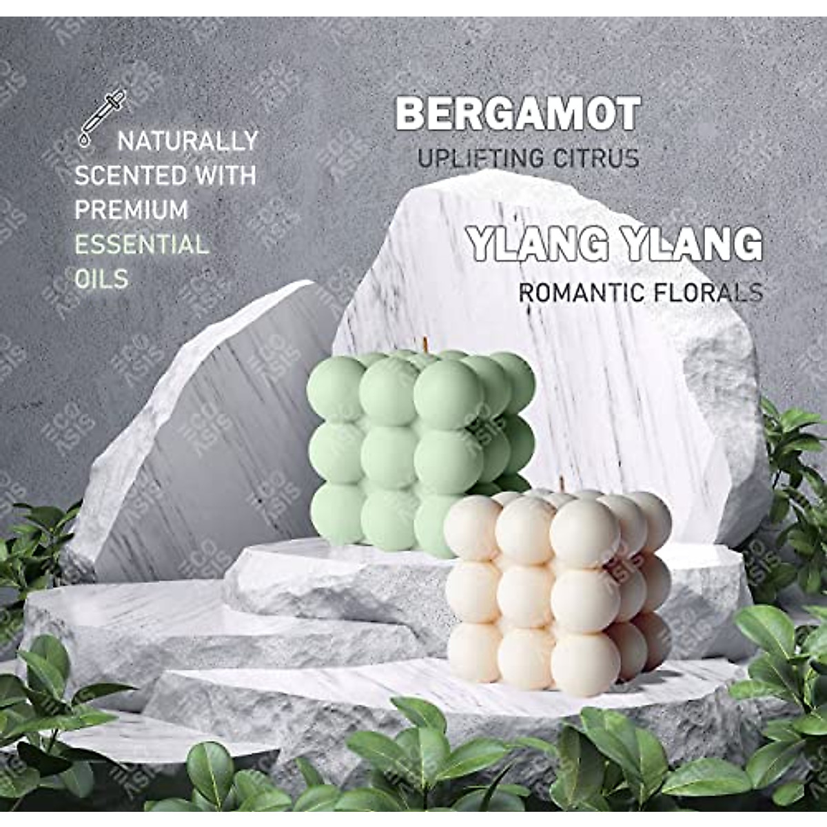 Bubble Candle Bundle Pack of 2, Trendy Home Decor Candle, Bergamot & Ylang-Ylang Essential Oil Scented Aromatherapy, Premium Handmade Soy Wax Rubik's Cube Candle