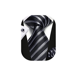 Enlision Black White Ties Stripe Mens Ties and Pocket Square Set Classic Silk Woven Neckties Handkerchief Cufflinks Formal Business Wedding Necktie Gift Box