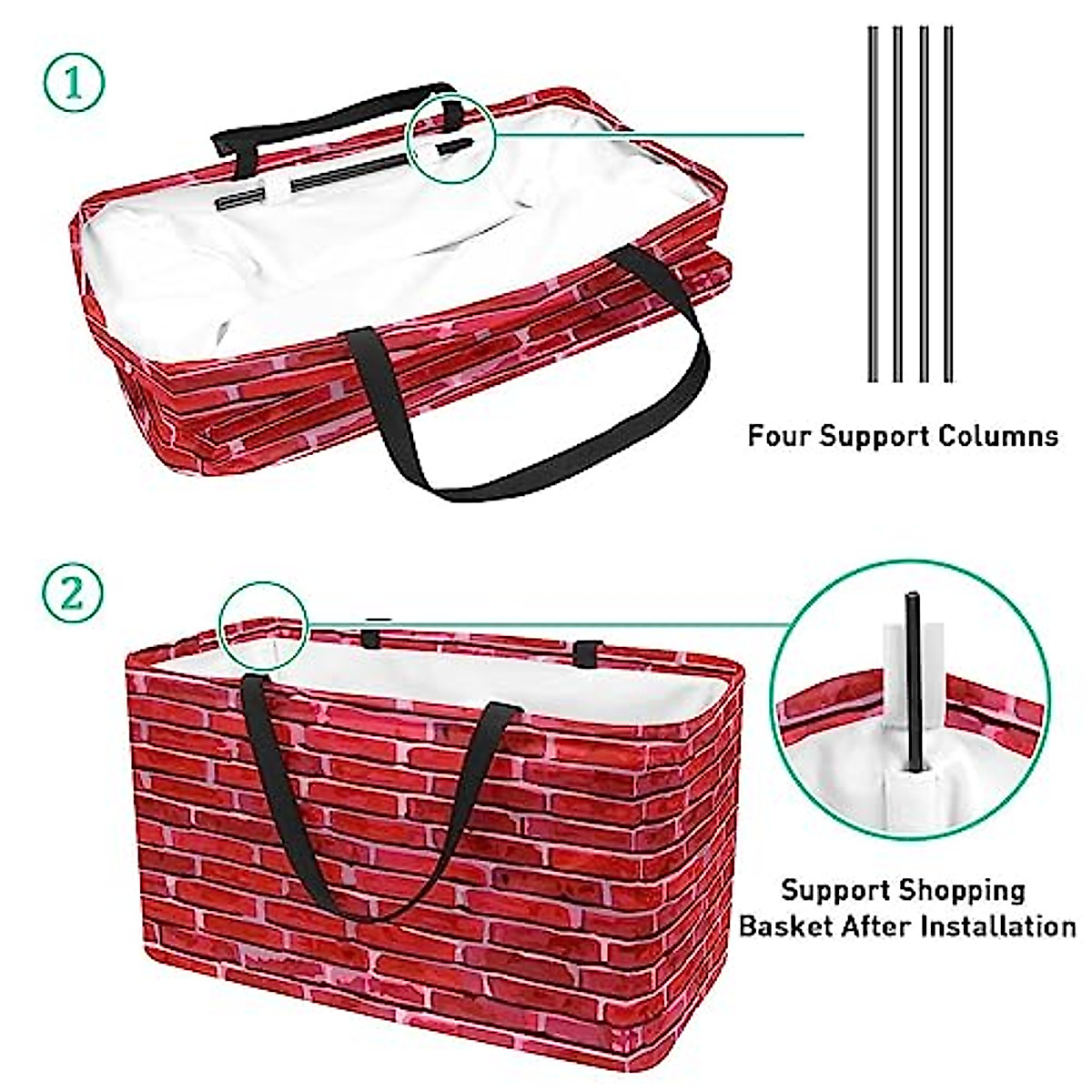 KQNZT Reusable Grocery Bags, Heavy Duty Reusable Shopping Bags, Large Tote Bags with Long Handles and Reinforced Bottom, Red Brick Wall