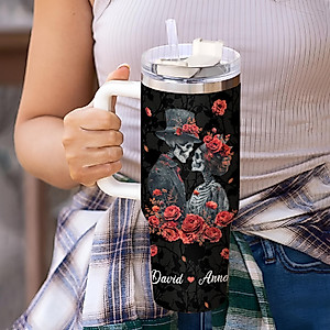 Hyturtle Personalized Romantic Skull Tumbler - Couple Gift For Women Men - Skull Valentines Day Gifts For Her - Romantic Gifts For Skeleton Lovers - Custom Name Travel Coffee Cup 40oz With Lid Straw