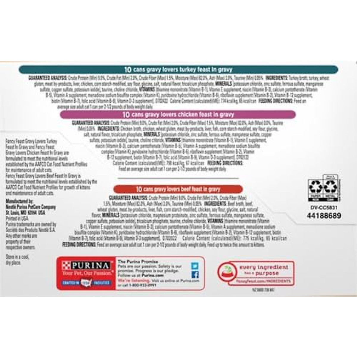 Purina Fancy Feast Gravy Lovers Poultry and Beef Grilled Gourmet Wet Cat Food Variety Pack - (Pack of 30) 3 oz. Cans