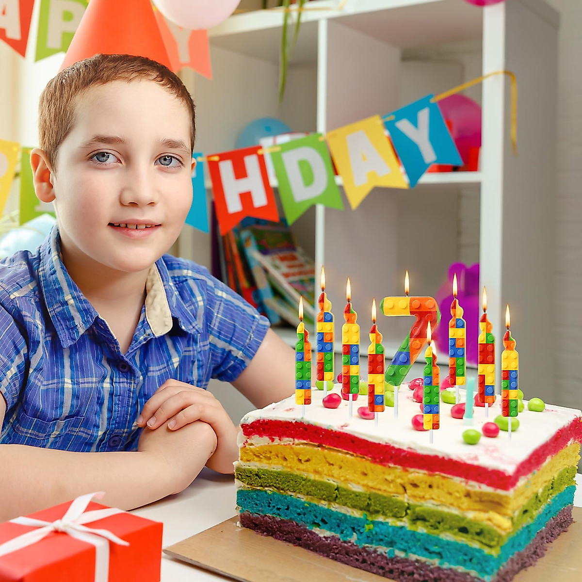 MTLEE 9 Pcs Building Block Candles Number 1-9 Building Block Birthday Candle Numeral Birthday Cake Topper Cupcake Candles for Building Block Birthday Decoration Party Supplies (Number 7)