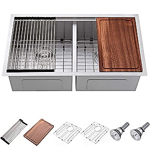 33 Inch Undermount Double Bowl Kitchen Sink Workstation- Wesliv 33x19 Stainless Steel Undermount Kitchen Sink 50/50 Low Divide Double Bowl Kitchen Sink 16 Gauge Deep Ledge Workstation Sink