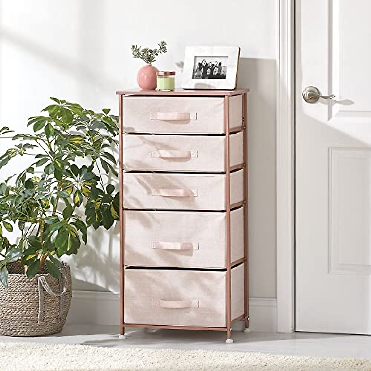 mDesign Storage Dresser Furniture Unit - Tall Standing Organizer Tower for Bedroom, Office, Living Room, and Closet - 5 Drawer Removable Fabric Bins - Light Pink/Rose Gold