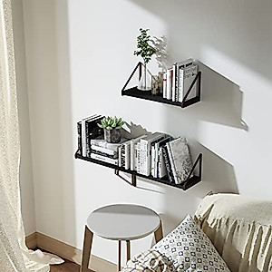 Love-KANKEI Floating Shelves Rustic Shelves Wall Mounted Set of 3 Wall Storage Shelves for Living Room, Bedroom, Kitchen Black/Brown Brackets