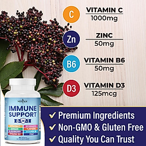 8 in 1 Immune Support Booster Supplement with Echinacea, Vitamin C and Zinc 50mg, Vitamin D 5000 IU, Turmeric Curcumin & Ginger, B6, Elderberry 120 Count (Pack of 2)