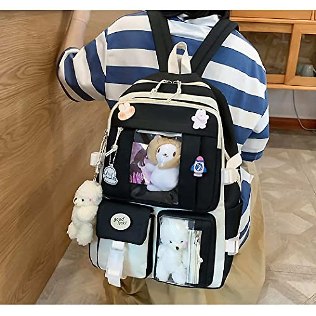 AONUOWE 5 pcs Cute Aesthetic Backpack Set for School Teens, 3 Plushies & 5 Pins & Cards Kawaii Backpack with Accessories (Black)
