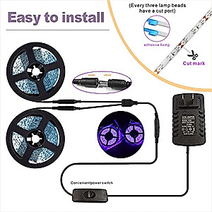 AIMEOKO LED Black Light Strip Kit,32.8ft 600 LEDs 12V Flexible UV Blacklight Fixtures for Indoor Bedroom Decoration,Fluorescent Dance Party,Wedding,Birthday,Halloween,Body Paint,Non-Waterproof