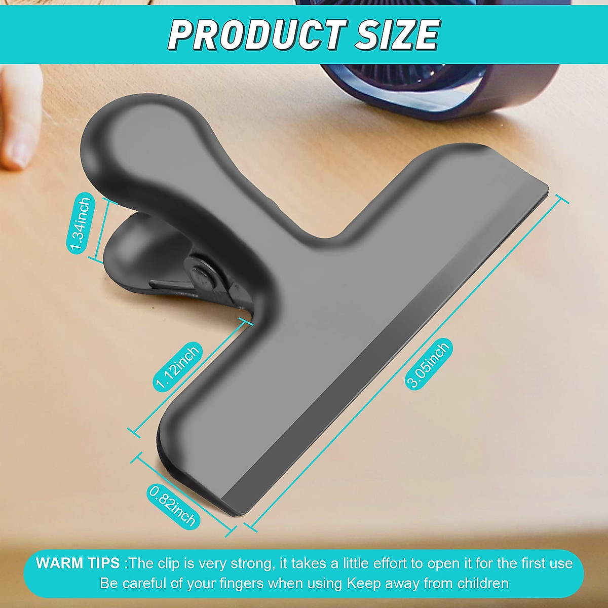 Funfery 8 Pack Stainless Steel Black Chip Clips 3" Bag Clips Food Clip Kitchen Clips for Snack,Large Clips for Food Packages,Food Clips Snack Clips,Metal Chip Clips for Home and Kitchen Organization