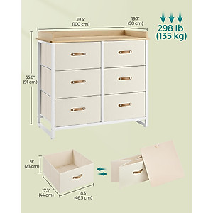 SONGMICS Dresser for Bedroom with 6 Drawers, Chest of Drawers, with Water-Resistant Changing Table, Storage Organizer Cabinet, for Kids Room Nursery Living Room Hallway, Beige UGKR101K01