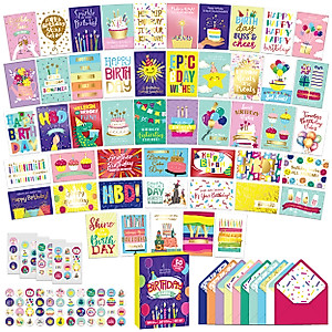 Decorably 50 Pack Foiled & Glittery Assorted Birthday Cards with Envelopes & Stickers - 50 Unique Designs Bulk Birthday Cards Bulk with Message Inside, 6x4in Bulk Birthday Cards with Envelopes
