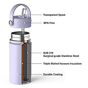 Oisiz Kids Water Bottle with Straw Lid 14oz, Vacuum Insulated 316 Stainless Steel Water Bottles for Kids for School, Leakproof Toddler Water Bottle, BPA Free and Keep Cold for 24 Hours, Light Purple