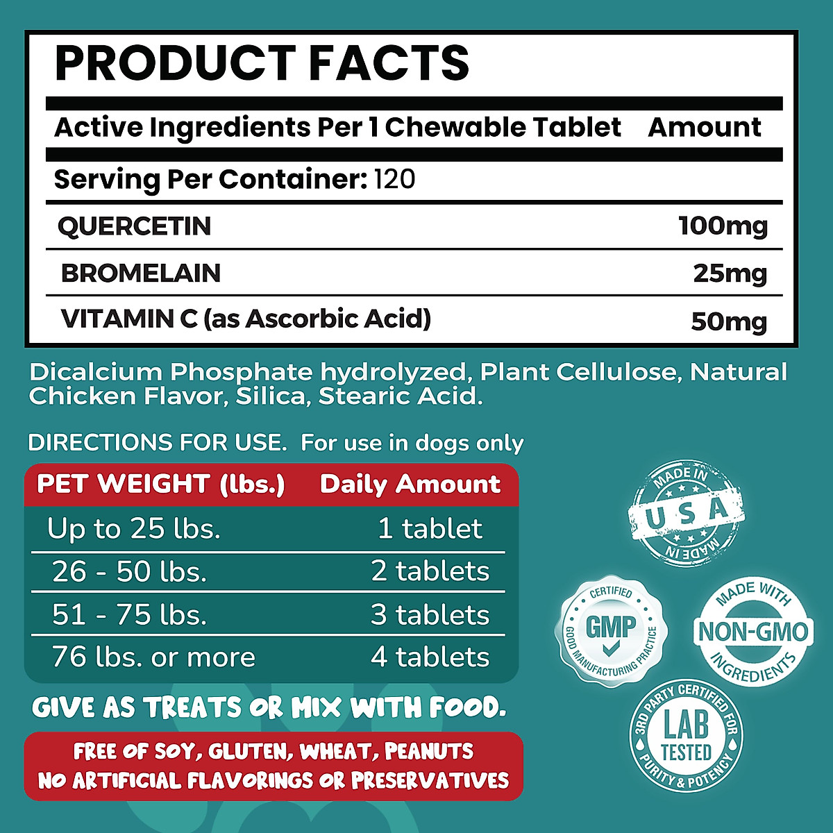 PET LOL Quercetin for Dogs with Bromelain and Vitamin C | 3-in-1 Supplement for Dog Allergies, Immune Support, Itch Relief, Promote Inflammatory Relief & Antioxidant Activity | 120 Chewable Tablets