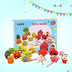Lacing Farm Toy Wooden Block Set, Early Educational Toys String & Lacing Beads Games for Toddlers Kids Farm Animal Learning Play Set (16 Pieces)