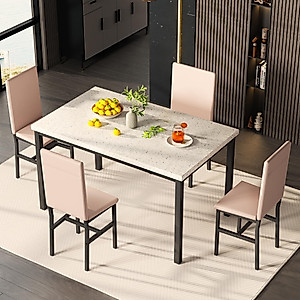 AWQM White Faux Marble Dining Table with 4 Upholstered Chairs, 5-Piece Dining Room Table Set for Small Space, Breakfast Table Bar Table and Chairs Set for 4, Home & Kitchen Set