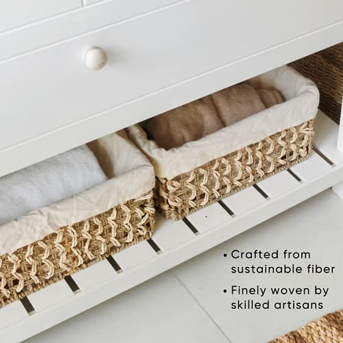 WERORA - Wicker Storage Basket for Shelves with Detachable Lining, Foldable Woven Basket Organizer Bins Set of 2, Seagrass Storage Basket Bins, Rectangle Pantry Baskets for Storage