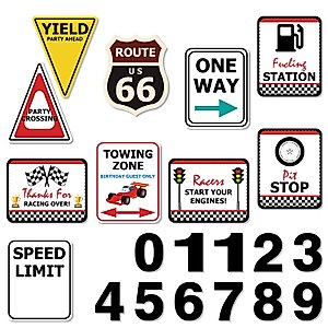 WERNNSAI Checkered Racing Party Decorations - 10PCS Funny Race Car Signs for Boys Paper Road Route Traffic Directions Cutout Signs Party Supplies