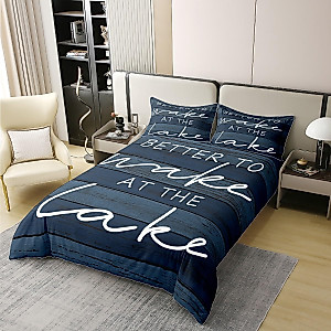 jejeloiu Welcome to Lake Cabin Duvet Cover 100% Cotton, Lake Rules Bedding Set,Lake Paddle Decor Navy Blue Bedspread Cover,Queen Size