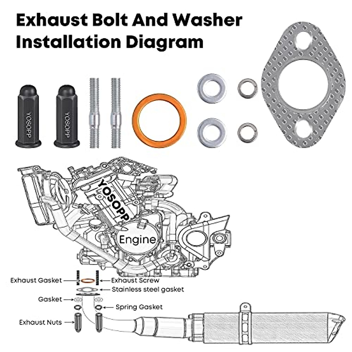 YOSOPP GY6 Exhaust Bolt Nuts Gasket for 50cc 70cc 90cc 110cc 125cc 150cc Scooters ATVs GMB139 Engine Moped Quad 4 Wheeler Dune Buggy Go Karts Taotao Sunl Coolster Jonway Roketa Sandrail (Black)