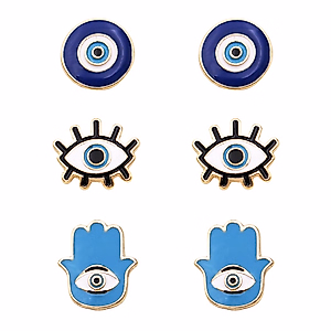 Rosemarie & Jubalee Women's Set of 3 Enamel Coated Protective Talisman Evil Eye Hamsa Post Back Stud Earrings (Blue)