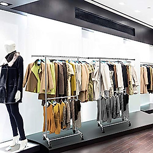 Simple Trending Double Rod Clothing Garment Rack, Rolling Clothes Organizer on Wheels for Hanging Clothes, Chrome