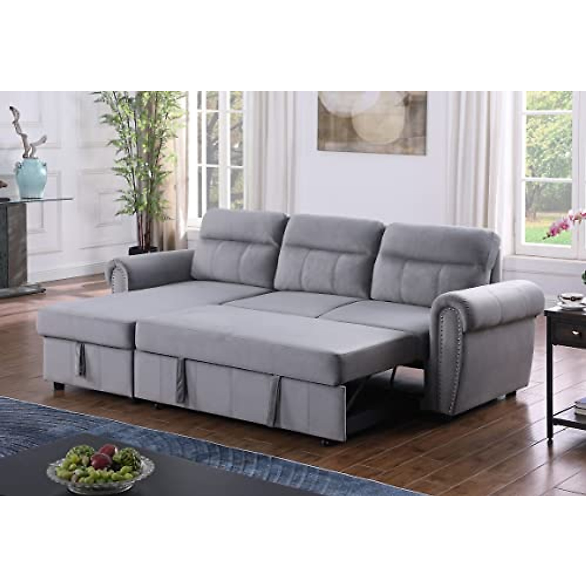 FANYE L-Shaped Oversized Reversible Convertible Tufted Sleeper Sectional Sofa with Pull Out Sleeper Couch Bed,Nailhead Decor Armrests and Storage Chaise for Living Room, Grey Velvet Sofabed