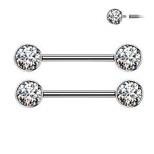 Pierced Owl 14G Implant Grade Titanium Internally Threaded Bezel Set Crystal Nipple Barbells, Sold as a Pair (Clear)