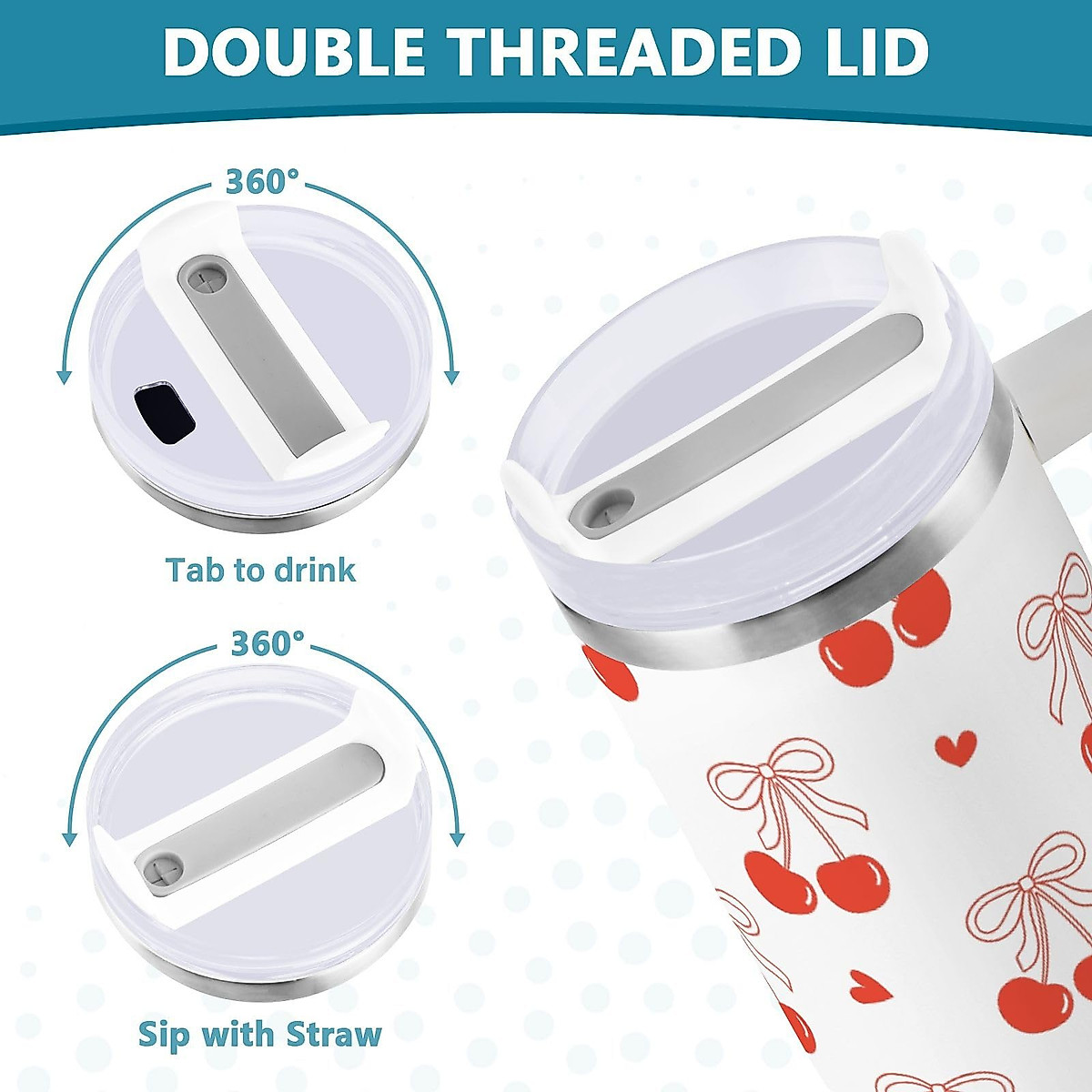 KEEPREAL 40 oz Red Cherry Bow Tumbler with Handle, Insulated Sports Water Bottle with Lid and Straw, Thermal Stainless Steel Travel Coffee Mug Cup