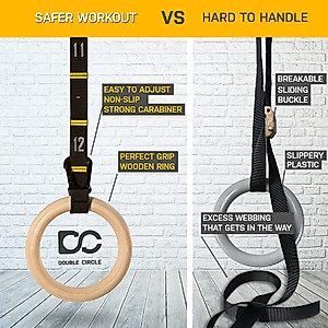 Double Circle Wood Gymnastic Rings 1.25 Inch, with Quick Adjust Numbered Straps and Exercise Videos Guide for Full Body Workout, Crossfit, and Home Gym