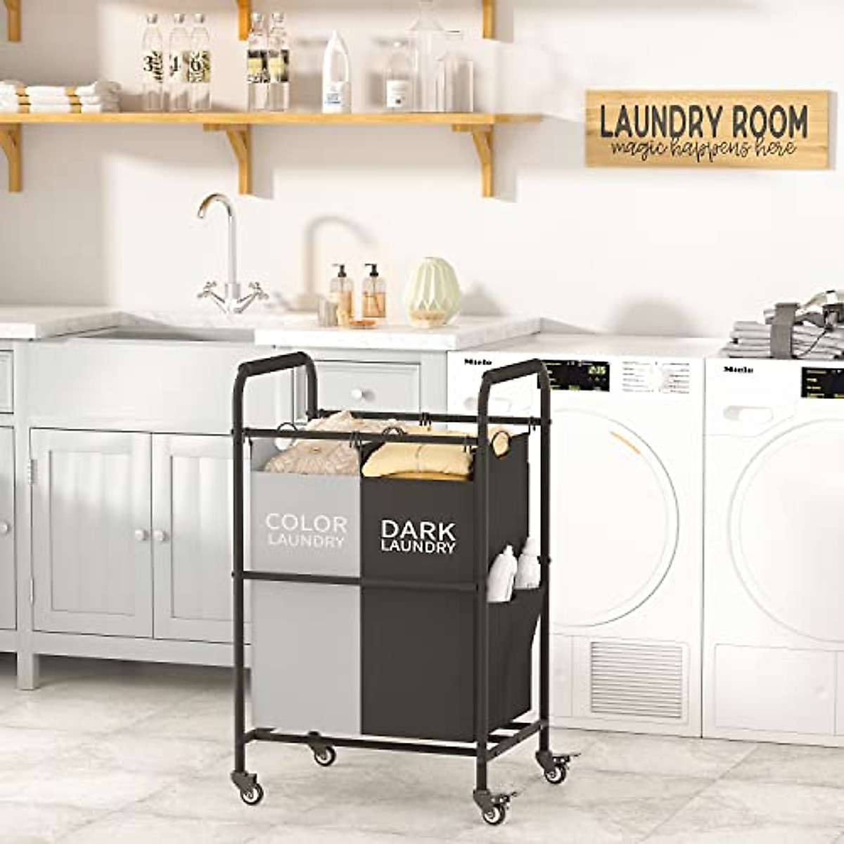 Tajsoon 2 Bag Laundry Sorter Cart, Laundry Hamper Sorter Basket with Heavy Duty Lockable Rolling Wheels for Clothes Storage, Black & Grey